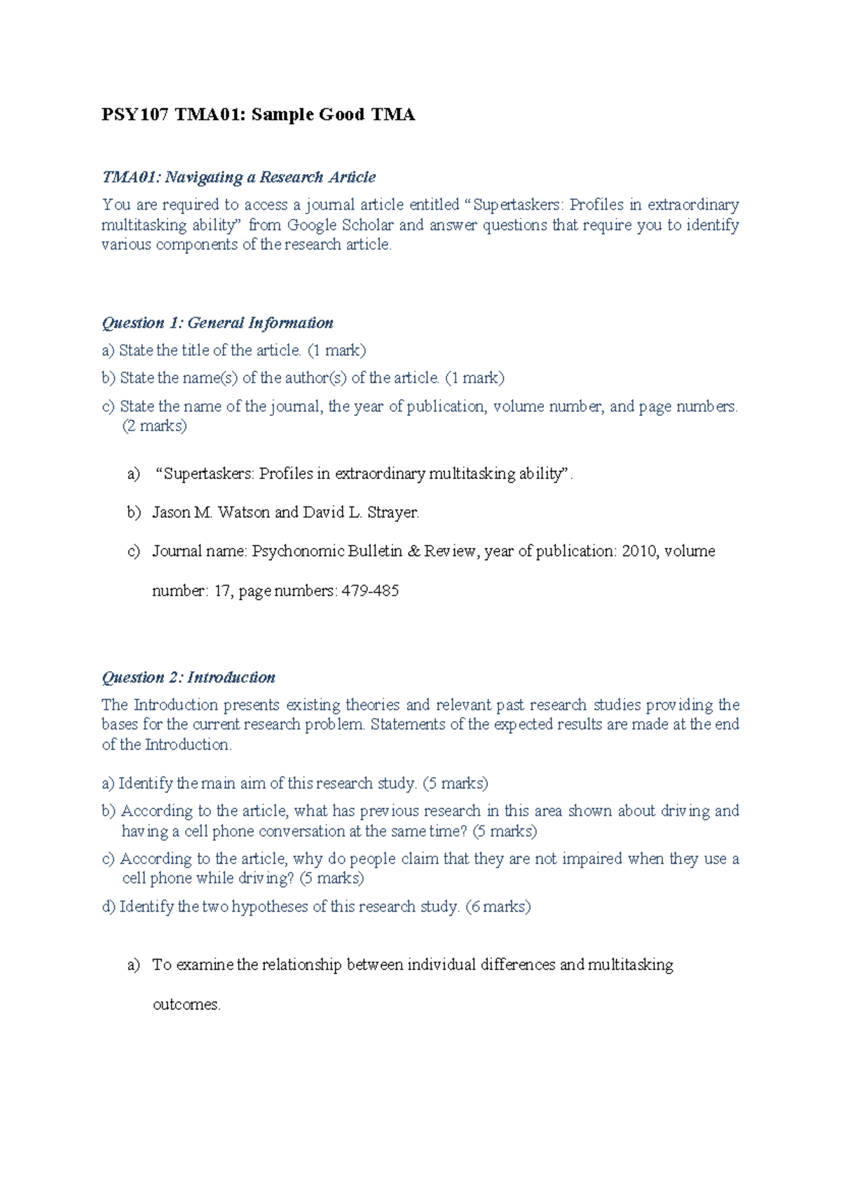 PSY107 Sample TMA01 - PSY107 TMA01: Sample Good TMA TMA01: Navigating a ...