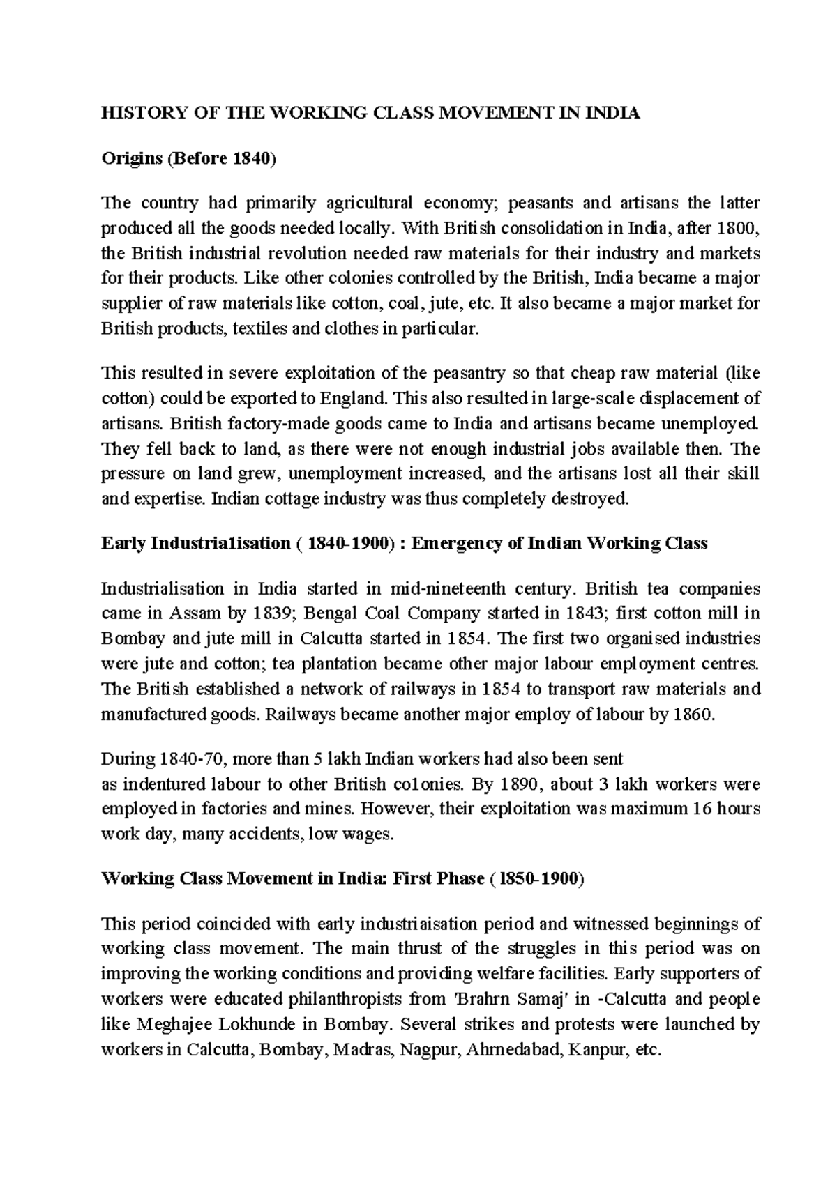 History of Labour movement in India - HISTORY OF THE WORKING CLASS ...