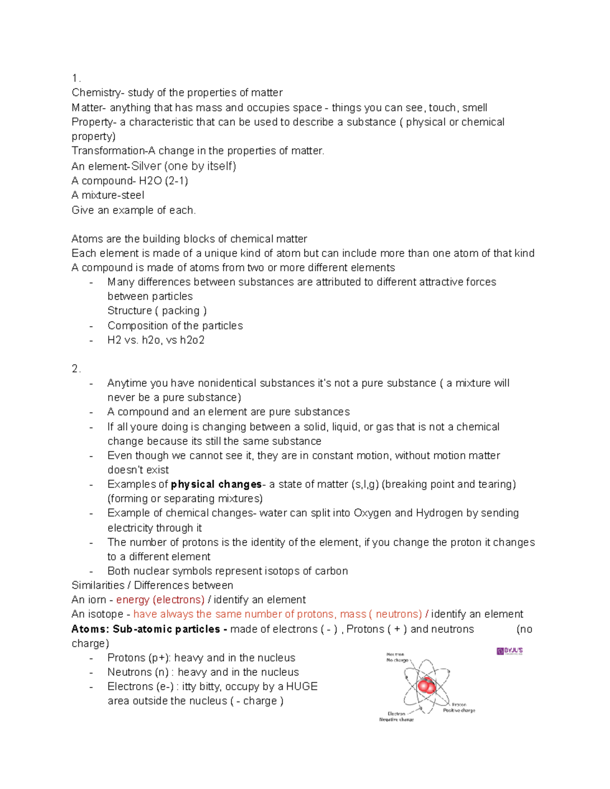 Chem lecture notes - Chemistry- study of the properties of matter ...