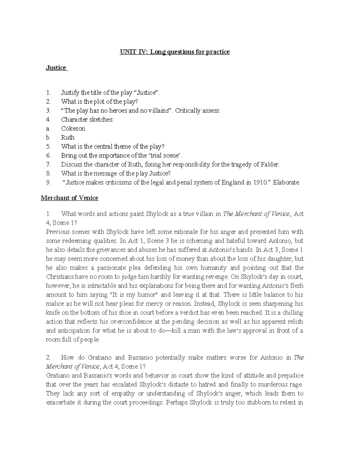 English Unit 4 Question Bank - UNIT IV: Long questions for practice Justice Justify the title of ...