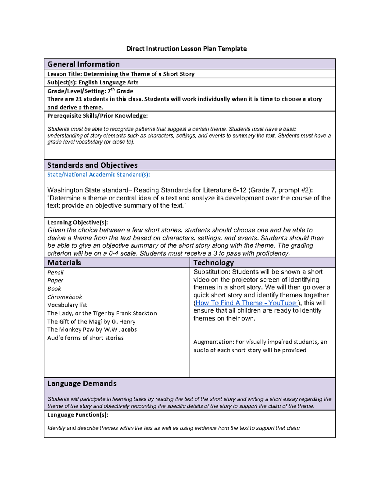 DIrect Instruction Lesson Plan - Students will work individually when ...