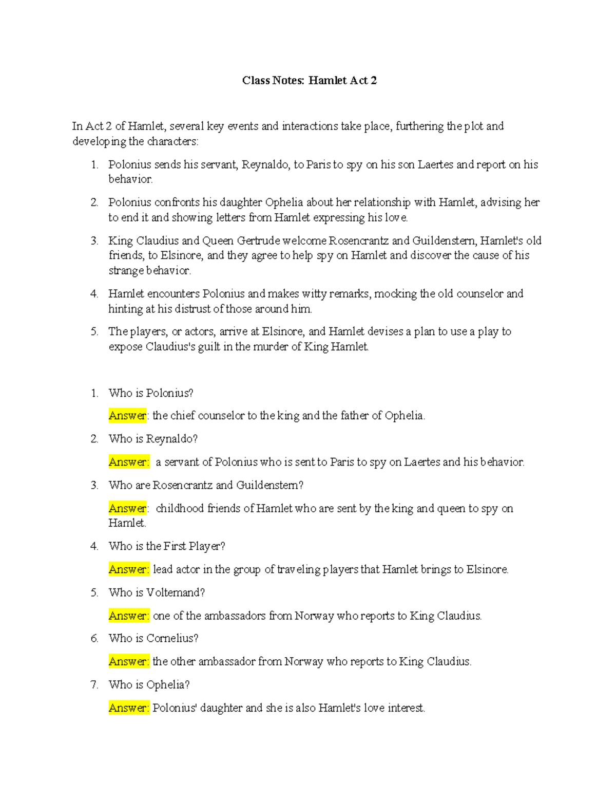 Hamlet Act 2 Questions - Class Notes: Hamlet Act 2 In Act 2 of Hamlet ...