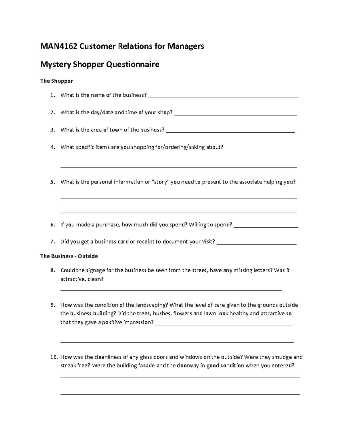 Mystery Shopper Questionnaire - MAN4162 Customer Relations for Managers ...