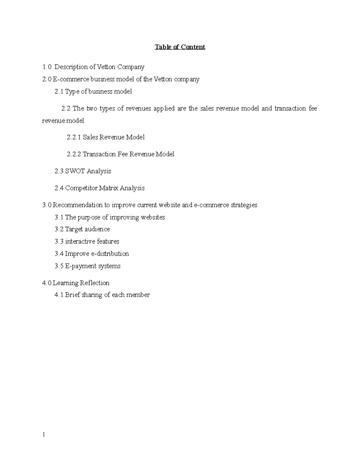 E-commerce assignment - Table of Content 1 Description of Vetton ...