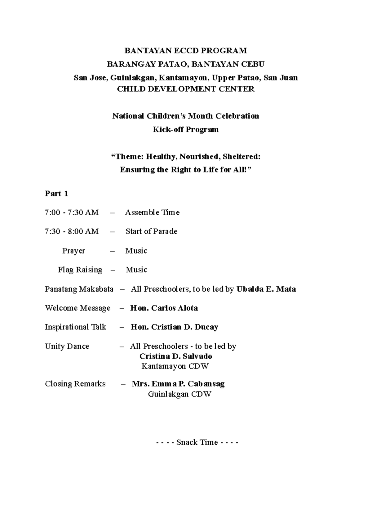 Bantayan ECCD Program - BANTAYAN ECCD PROGRAM BARANGAY PATAO, BANTAYAN ...