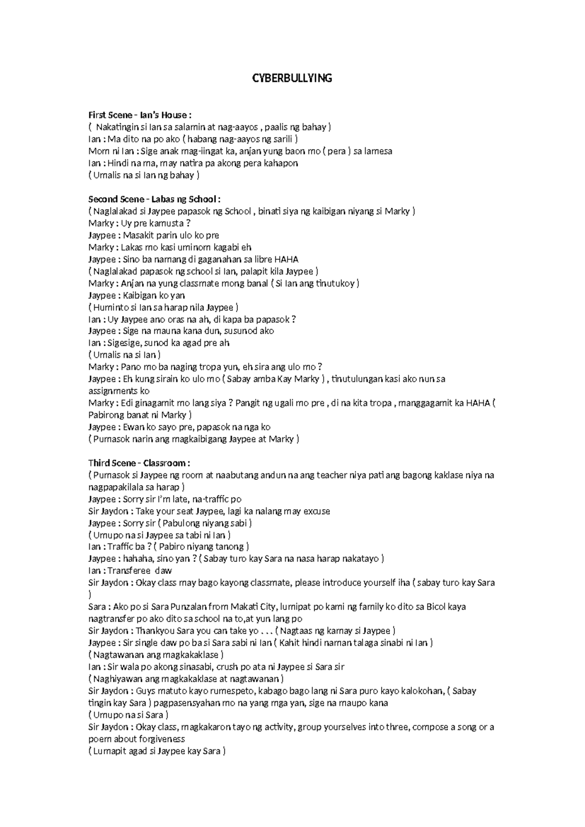 Cyberbullying Script-1 - CYBERBULLYING First Scene - Ian’s House ...