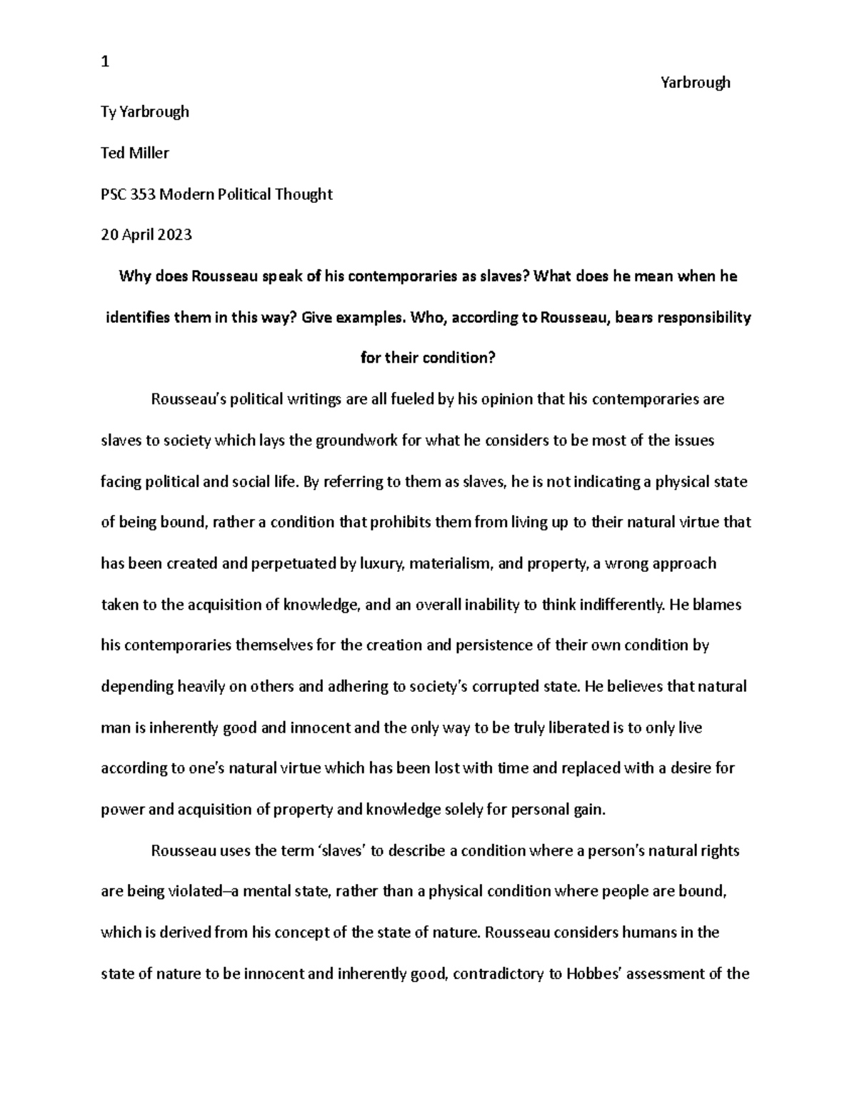 Rousseau Final Paper - Ty Yarbrough Ted Miller PSC 353 Modern Political ...