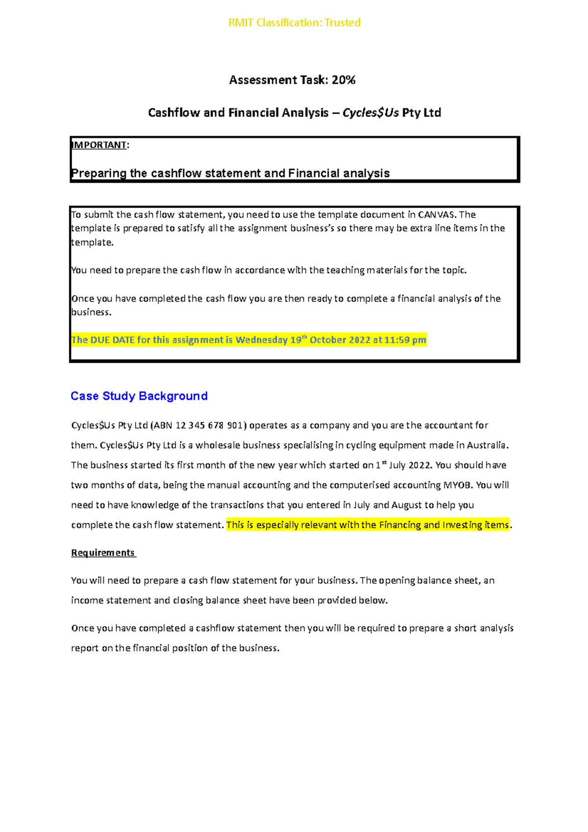 6.2 Assessment Task Cash flow Statement Cycles 4Us - Assessment Task ...