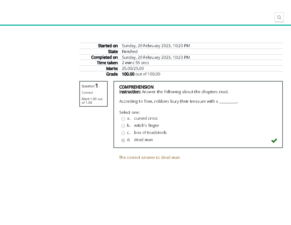 Tom-Sawyer-Chapters-25-29 -Attempt-review - Question 1 Correct Mark 1 ...