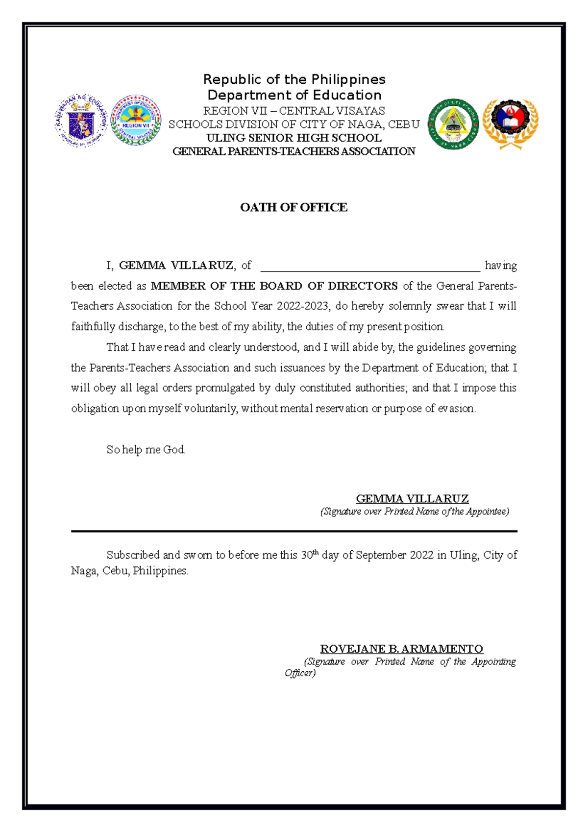 Oath of Office - Republic of the Philippines Department of Education REGION VII – CENTRAL ...