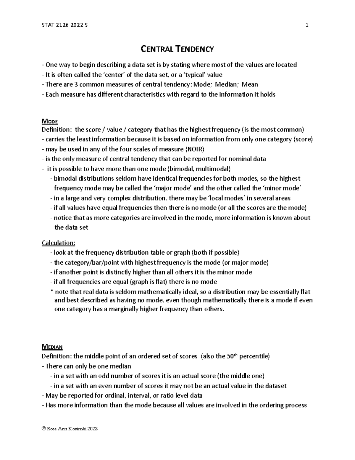 Central Tendency - Stat notes - summaries - CENTRAL TENDENCY One way to ...