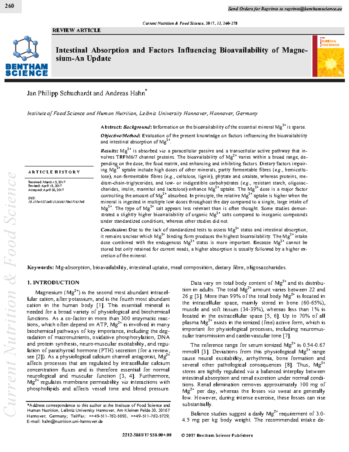 Intestinal absorption of magnesium - Current Nutrition & Food Science ...