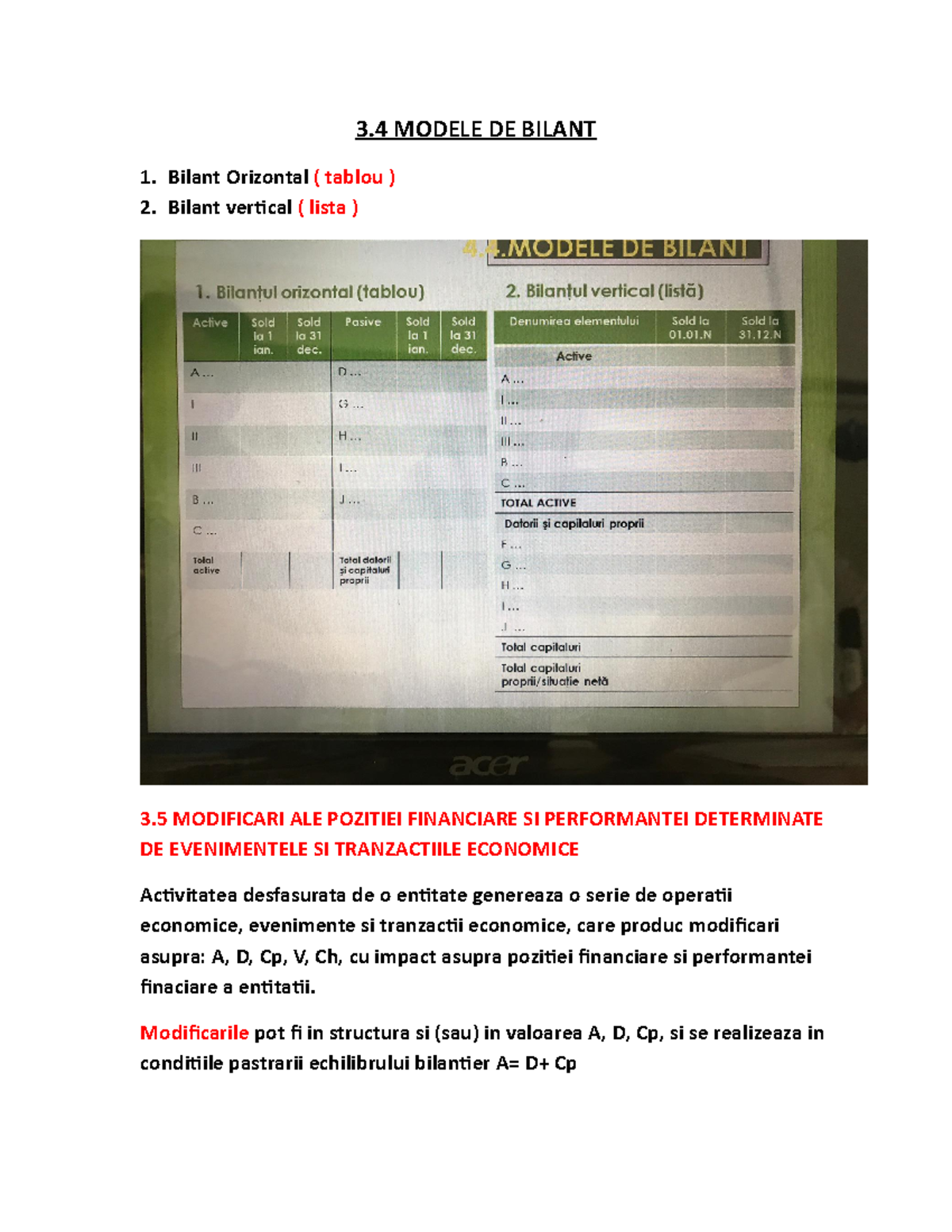 CURS Contabilitate 5 - Curs 5 - 3 MODELE DE BILANT 1. Bilant Orizontal ...