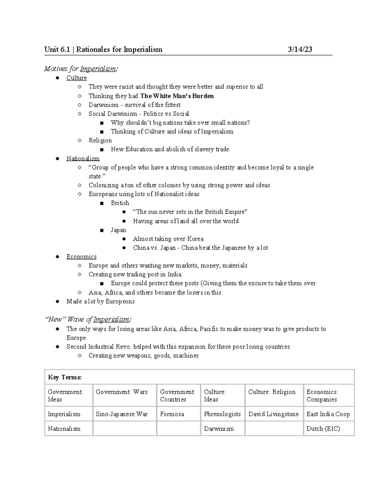 Unit 6.1 Notes - Unit 6 | Rationales for Imperialism 3/14/ Motives for ...