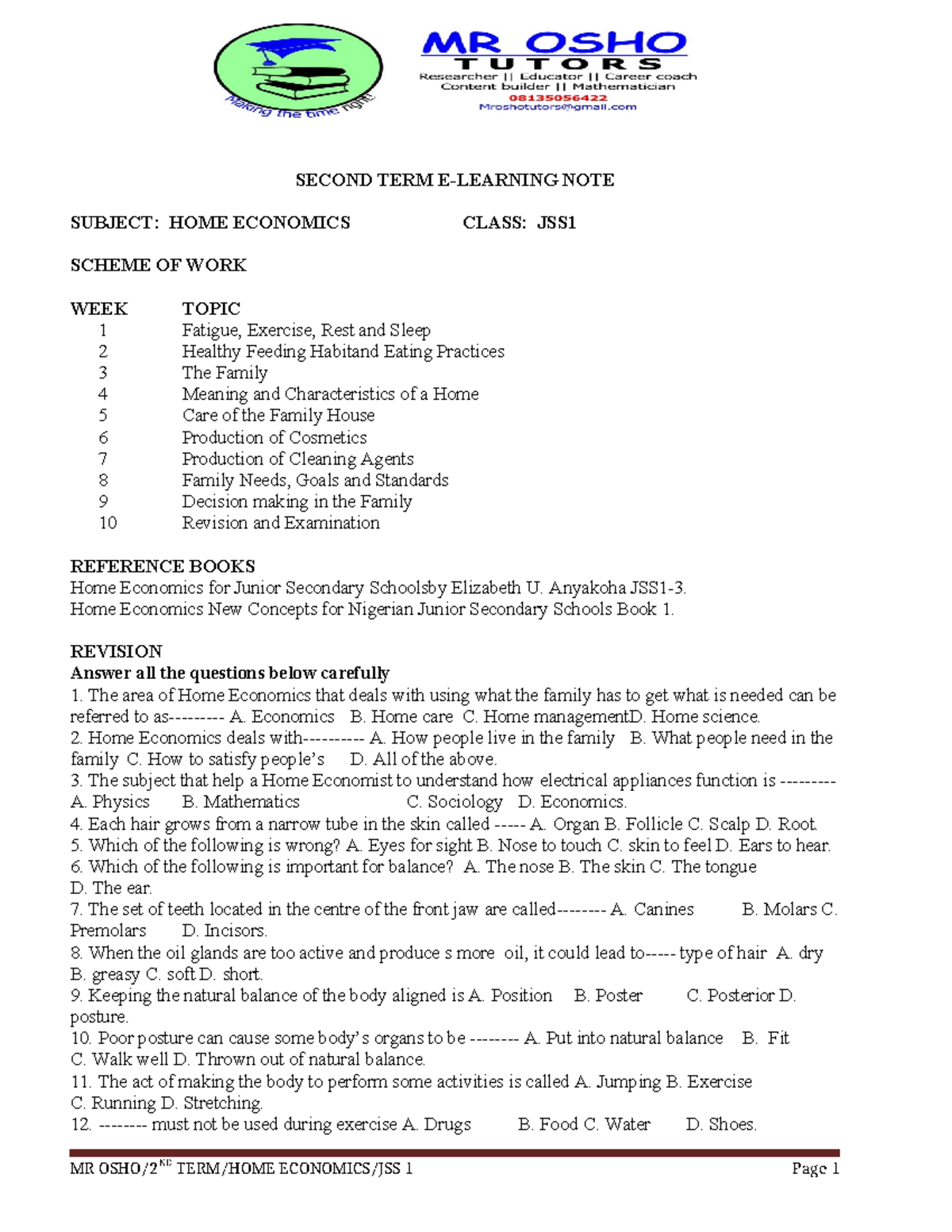 2ND TERM J1 HOME Economics-1 - SECOND TERM E-LEARNING NOTE SUBJECT ...