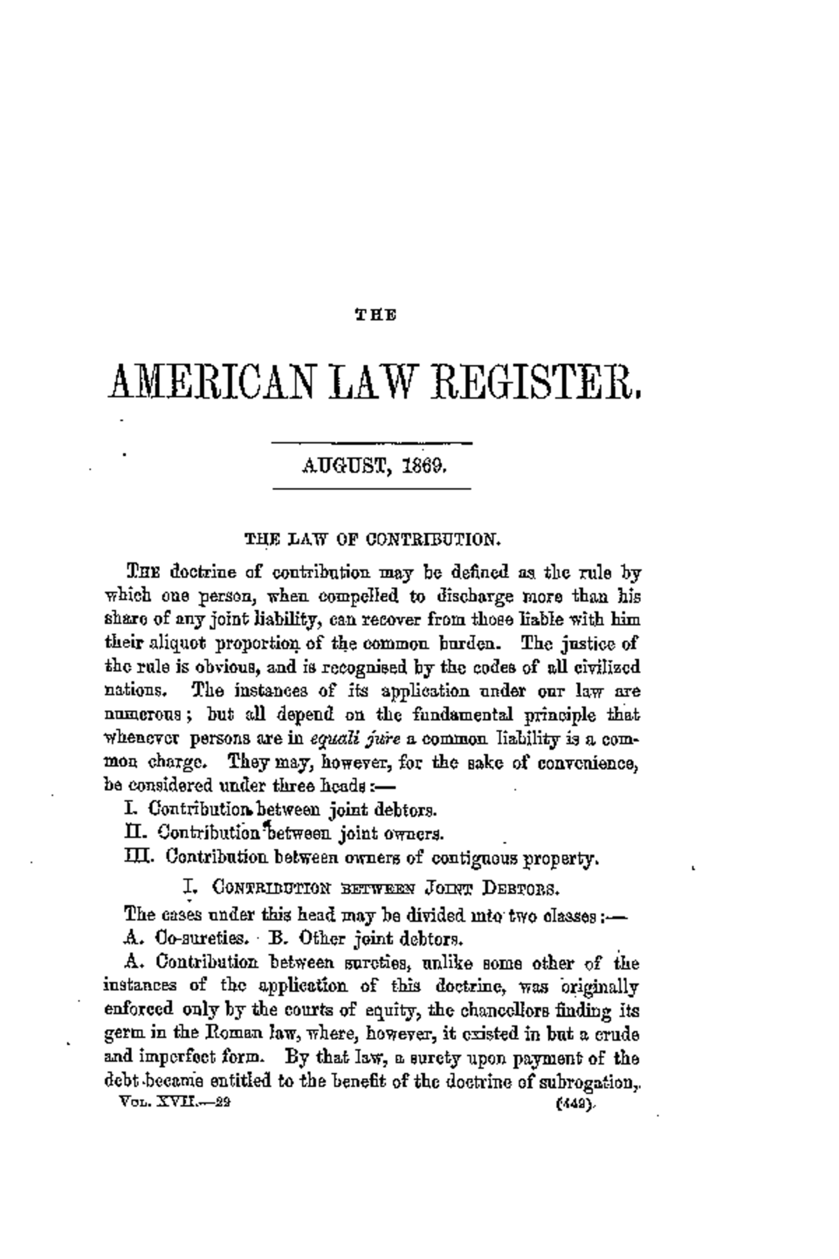 The Law Of Contribution THE AMERICAN LAW REGISTER AUGUST 1869 THE