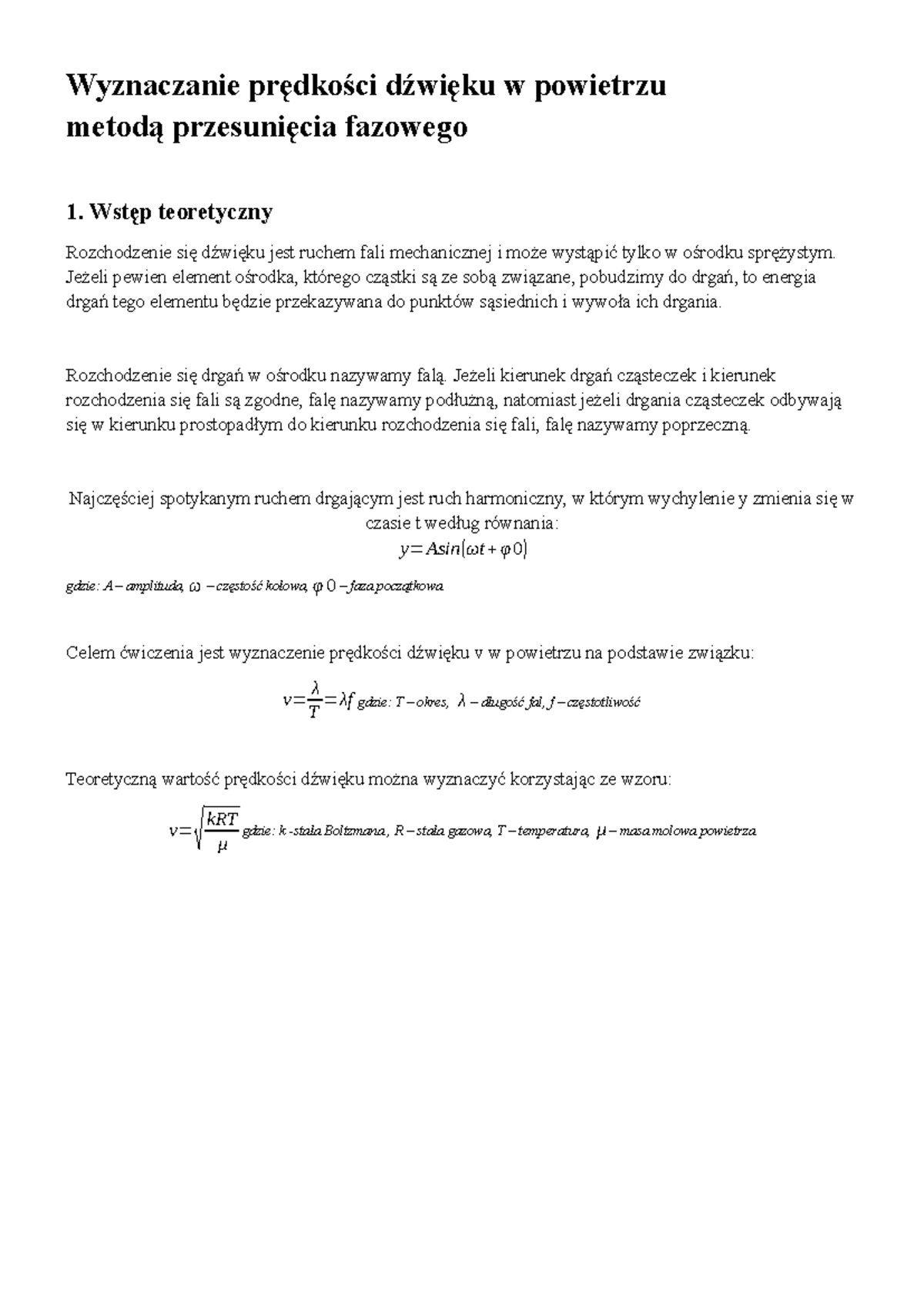 Sprawozdanie 101 fizyka - Wyznaczanie prędkości dźwięku w powietrzu metodą przesunięcia fazowego ...