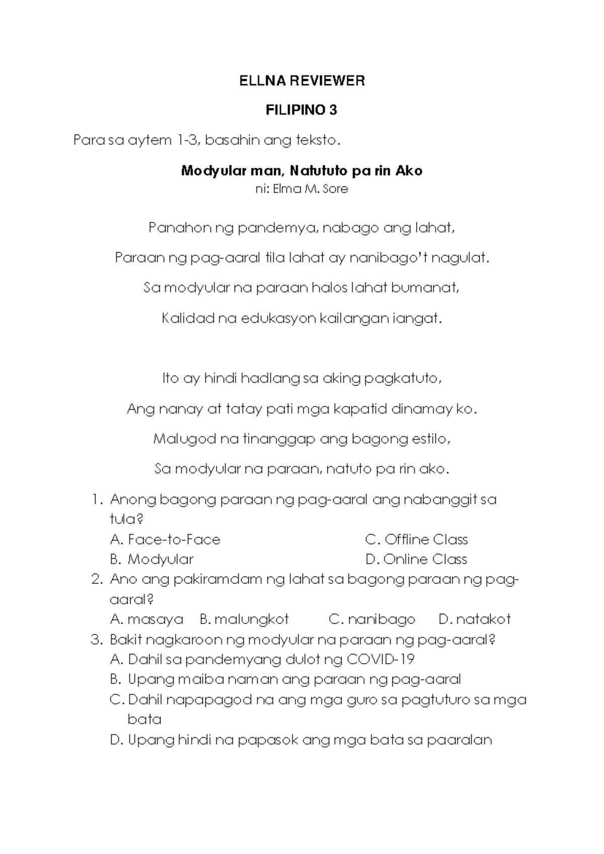 Ellna- Filipino- Reviewer - ELLNA REVIEWER FILIPINO 3 Para sa aytem 1-3 ...