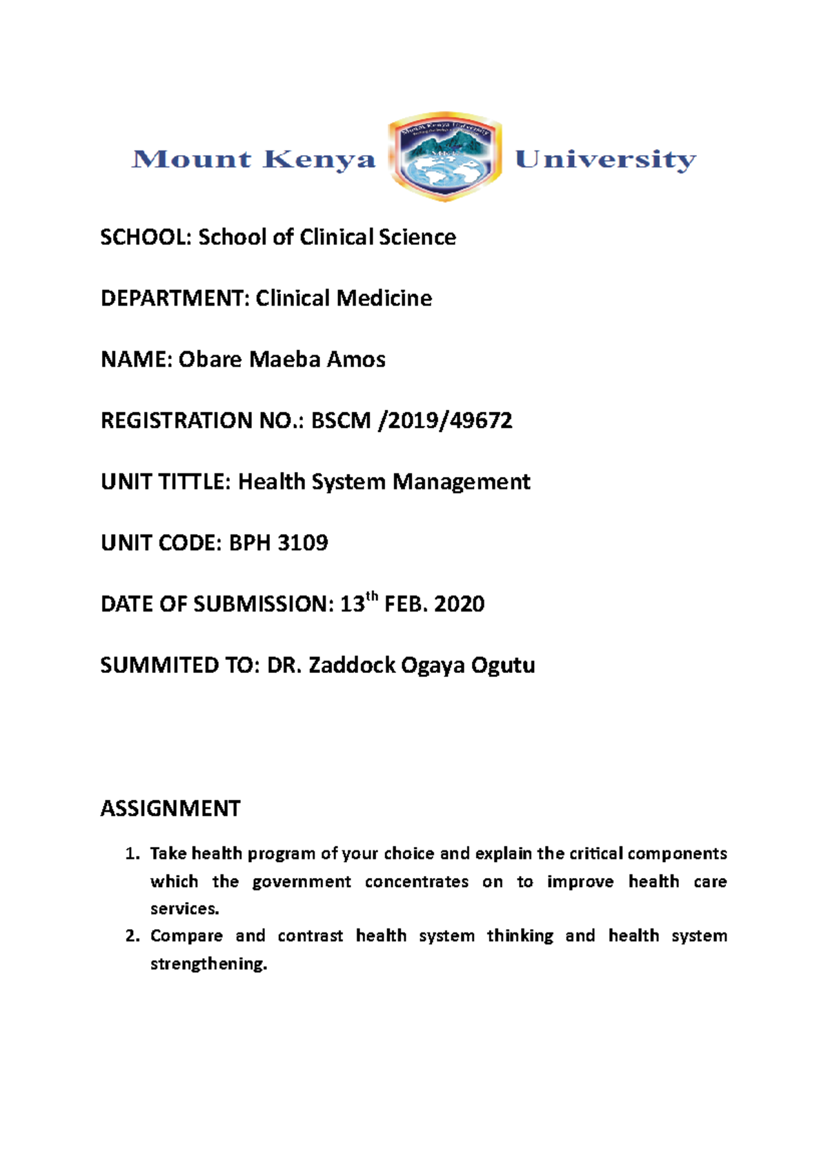 Health System Management - I) - SCHOOL: School of Clinical Science ...
