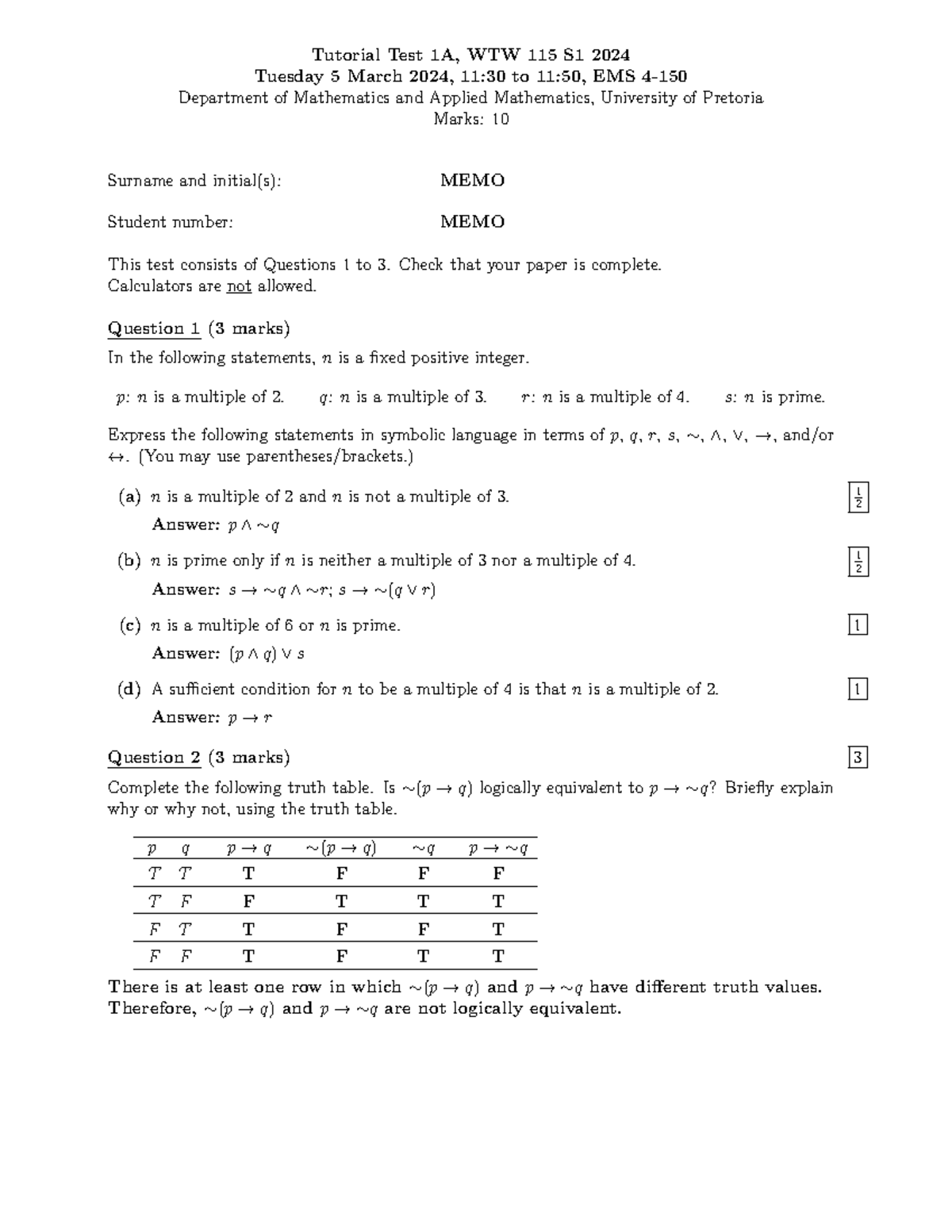 WTW115S12024 Tutorial Test 1Memos - Tutorial Test 1A, WTW 115 S1 2024 ...