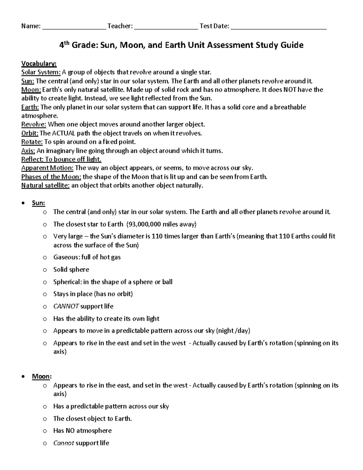 Study Guide - Sun Moon Earth - Name: __________________ Teacher ...