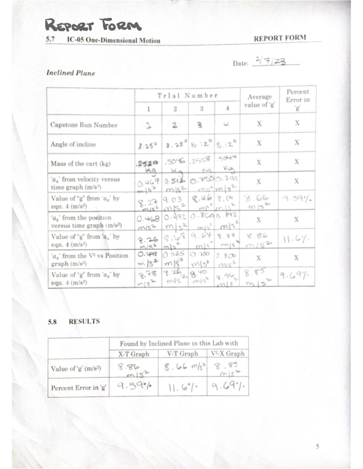 Lab 5 Report - One Dimensional Motion - 5 IC-05 One-Dimensional Motion ...