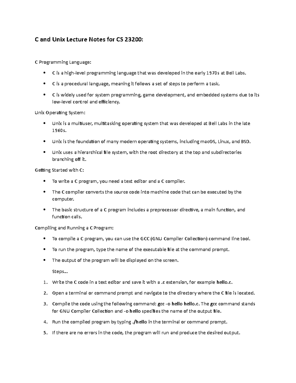C And Unix Lecture Notes For Cs 23200 C Is A Procedural Language Meaning It Follows A Set Of