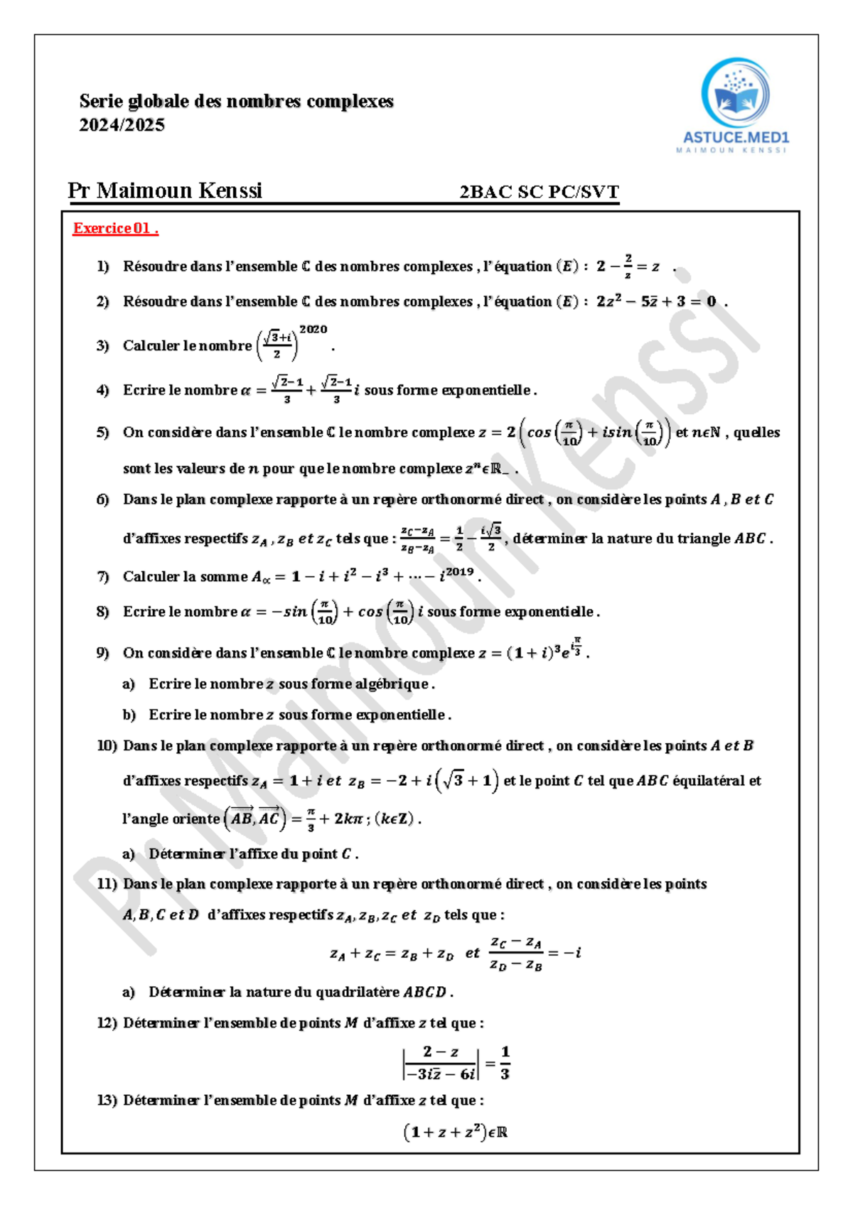 Les nombres complexe P01 - Serie globale des nombres complexes 2024/ 2 ...