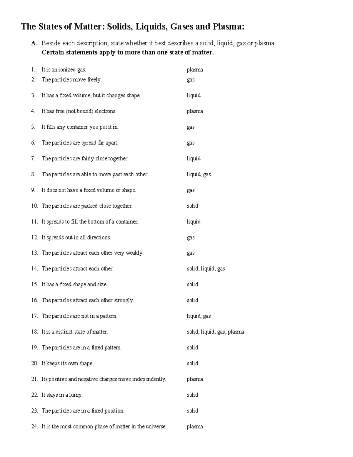 The states of matter intro worksheet answers - The States of Matter ...