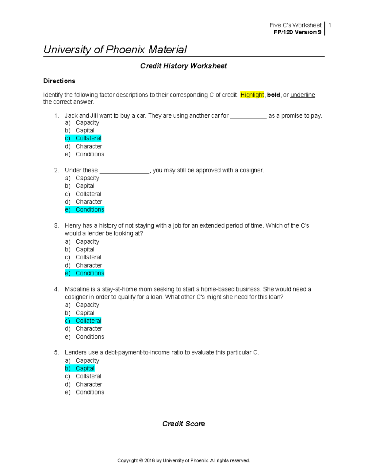 FP120 r9 Credit History Worksheet - Five C’s Worksheet FP/120 Version 9 ...