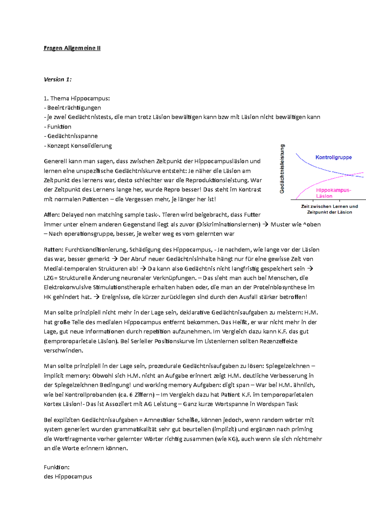 Klausur-Fragen Allgemeine II - Fragen Allgemeine II Version 1: Thema Hippocampus ...