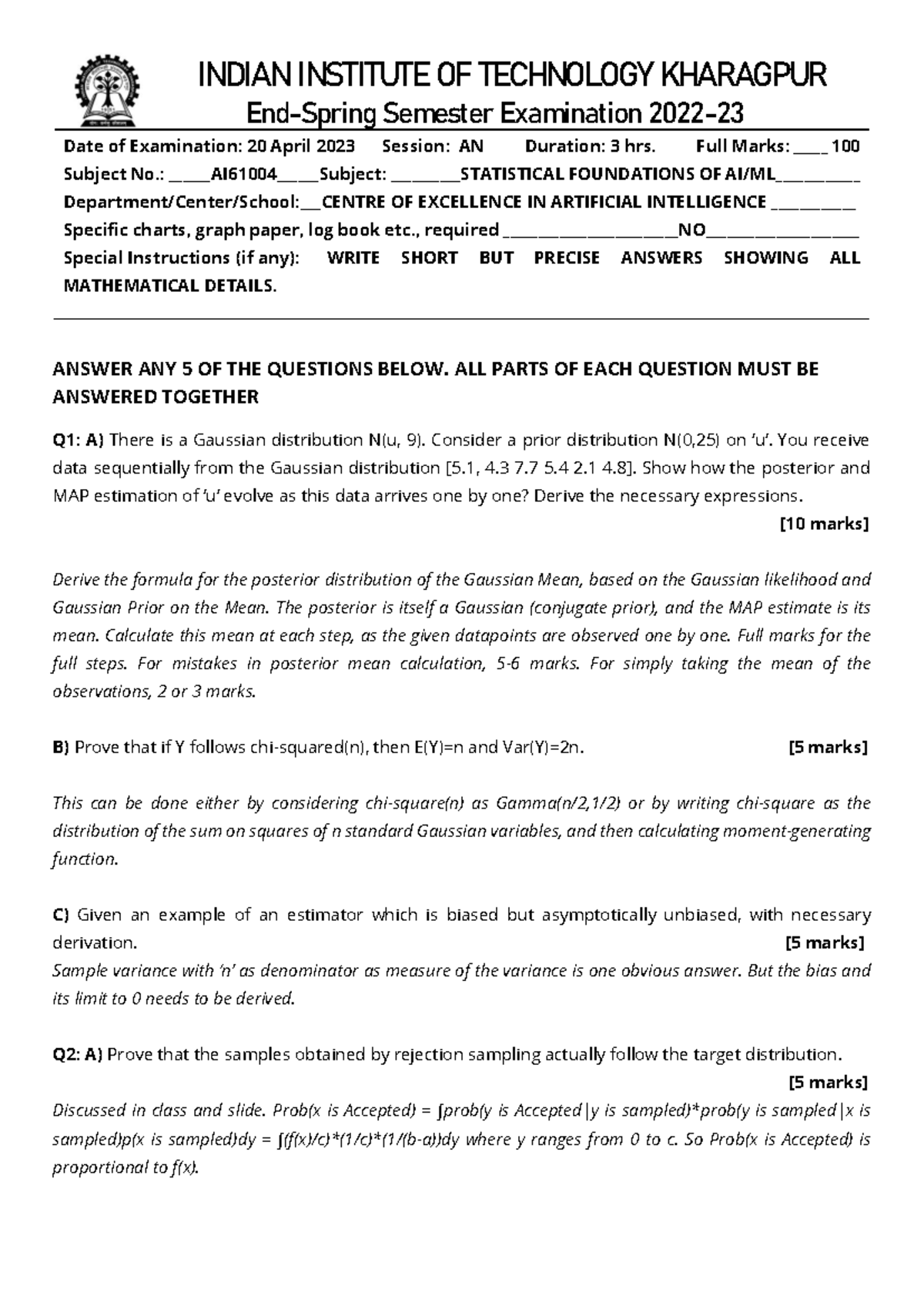 AI61004 endsem 2023Spring solutionsketches - INDIAN INSTITUTE OF TECHNOLOGY KHARAGPUR End-Spring ...