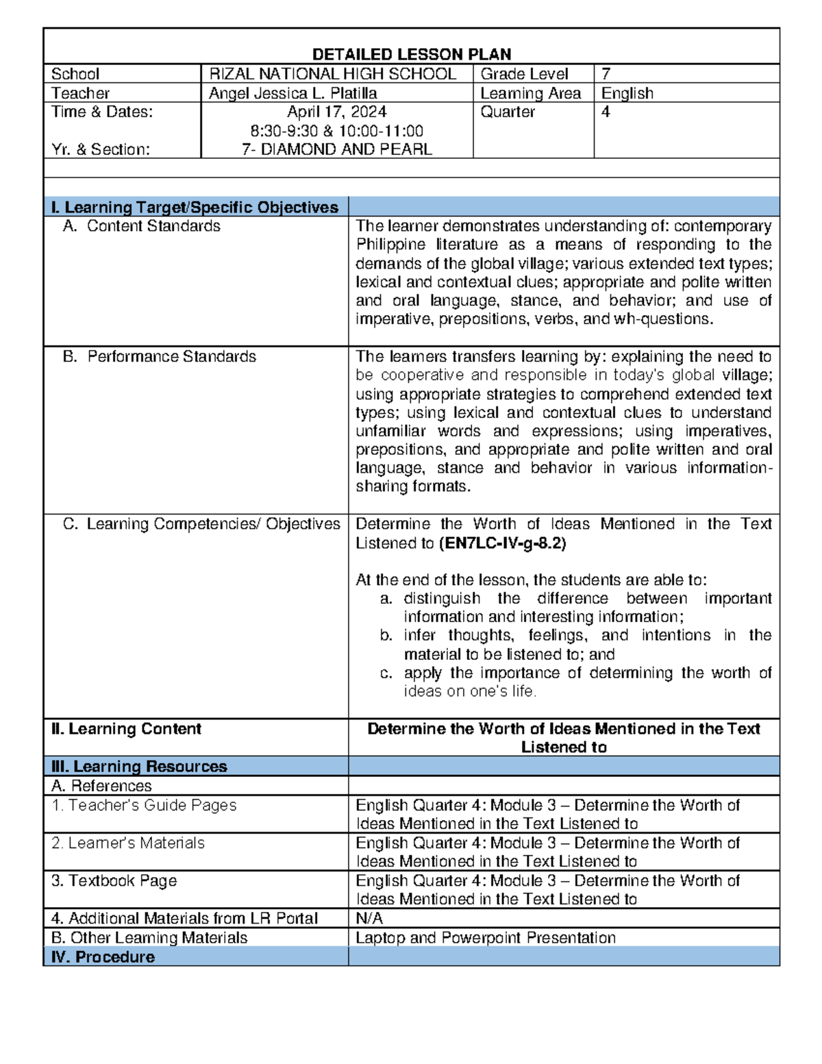 4th quarter Determining the Text 1st day - DETAILED LESSON PLAN School ...