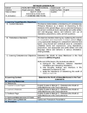 DLP- Facts & Opinion - DETAILED LESSON PLAN School RIZAL NATIONAL HIGH ...