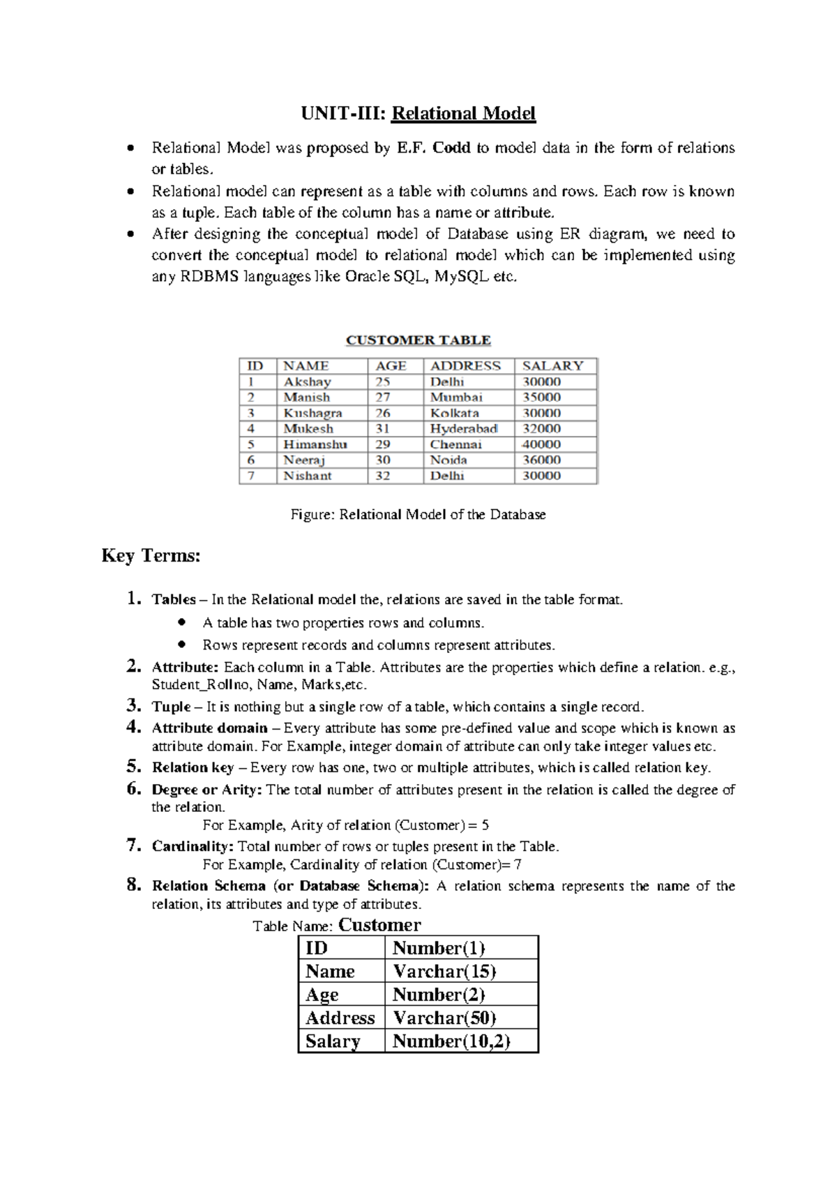 UNIT-III - Codd to model data in the form of relations or tables ...