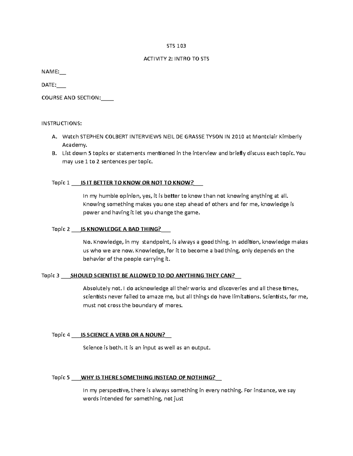 STS Activity - Intro TO STS - STS 103 ACTIVITY 2: INTRO TO STS NAME ...