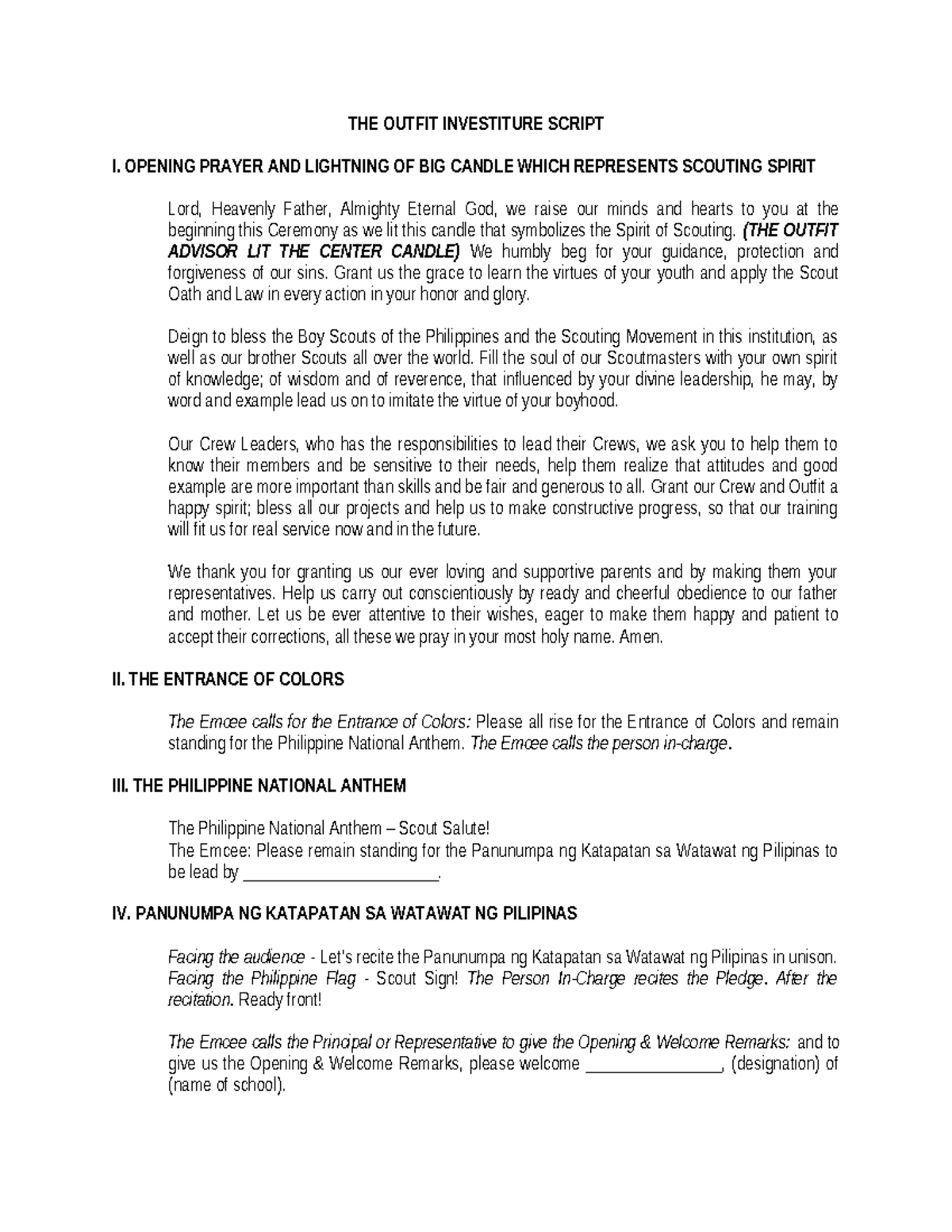 Outfit-investiture - THE OUTFIT INVESTITURE SCRIPT I. OPENING PRAYER ...