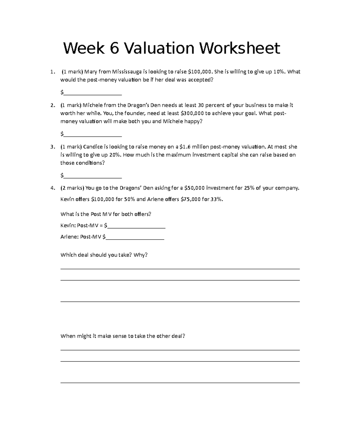 Week 6 Valuation Worksheet - Week 6 Valuation Worksheet (1 mark) Mary ...