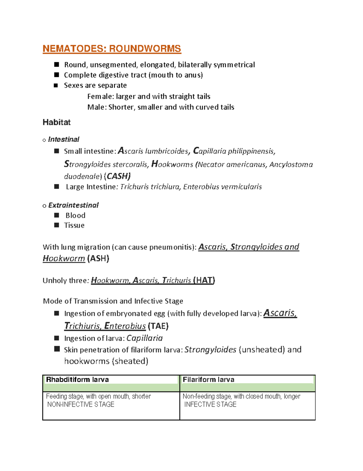 Nematodes - NEMATODES: ROUNDWORMS Round, unsegmented, elongated ...
