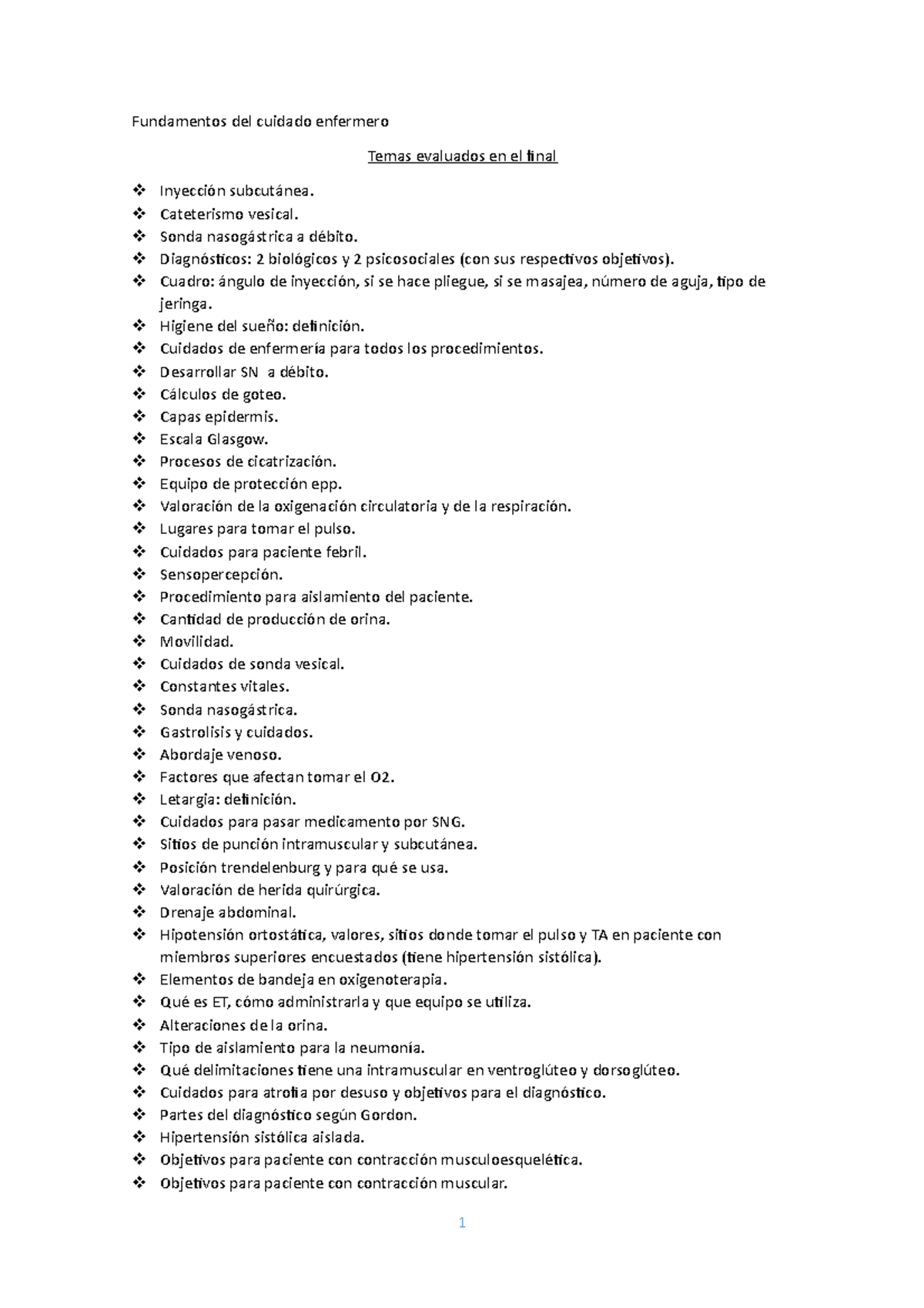 Final FDCE - Fundamentos del cuidado enfermero Temas evaluados en el ...