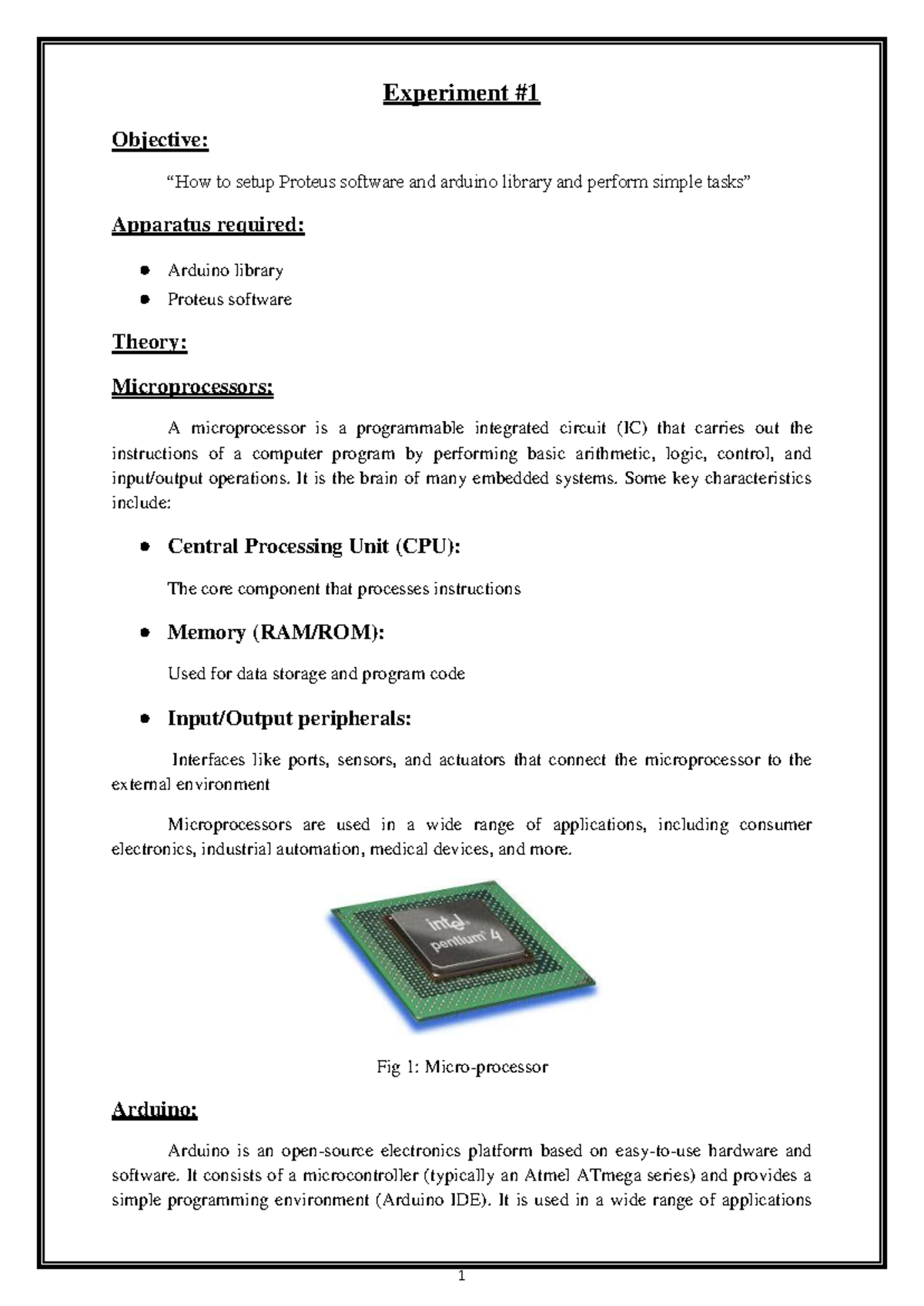 Experiment 1 micro-processors - Experiment Objective: “How to setup Proteus software and arduino ...