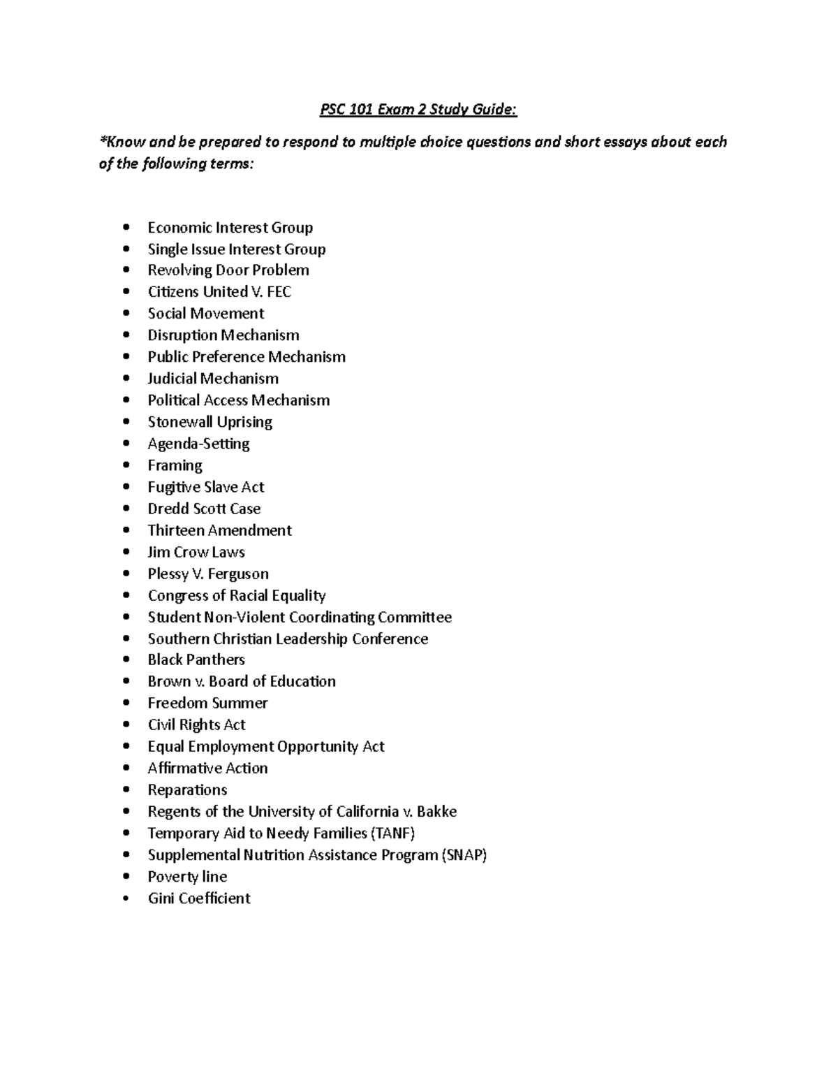 PSC 101 Exam 2 Study Guide 1 - PSC 101 Exam 2 Study Guide: *Know and be ...