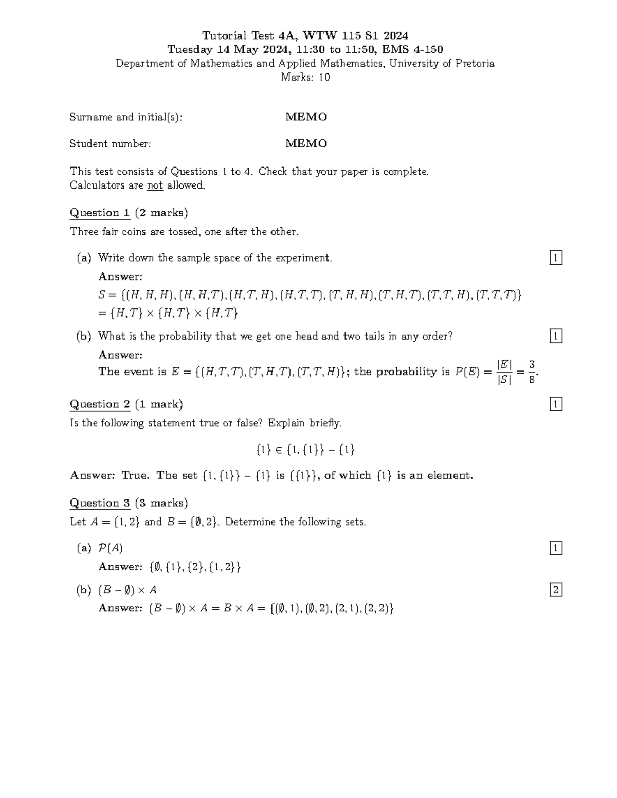 Tutorial Test 4 Memos - Tutorial Test 4A, WTW 115 S1 2024 Tuesday 14 ...