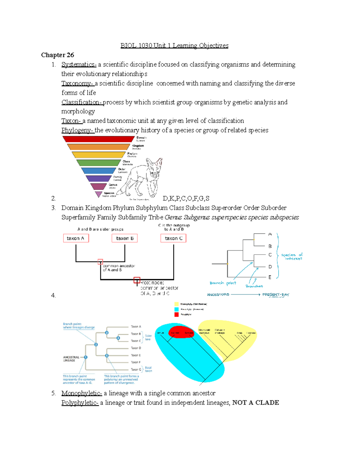 BIOL 1030 Unit 1 Learning Objectives - BIOL 1030 Unit 1 Learning Objectives Chapter 26 ...