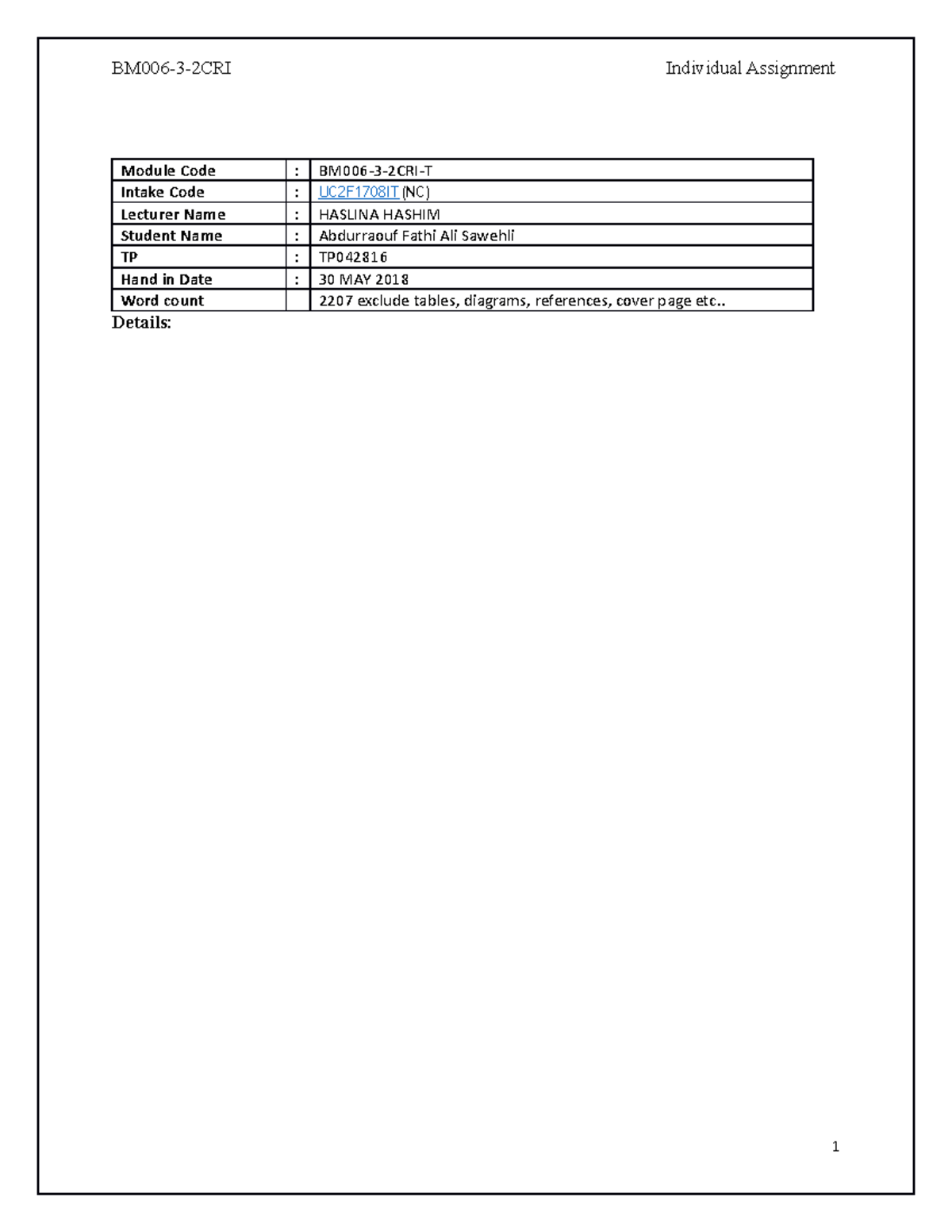 CRI Assignment Sample - Module Code : BM006-3-2CRI-T Intake Code ...