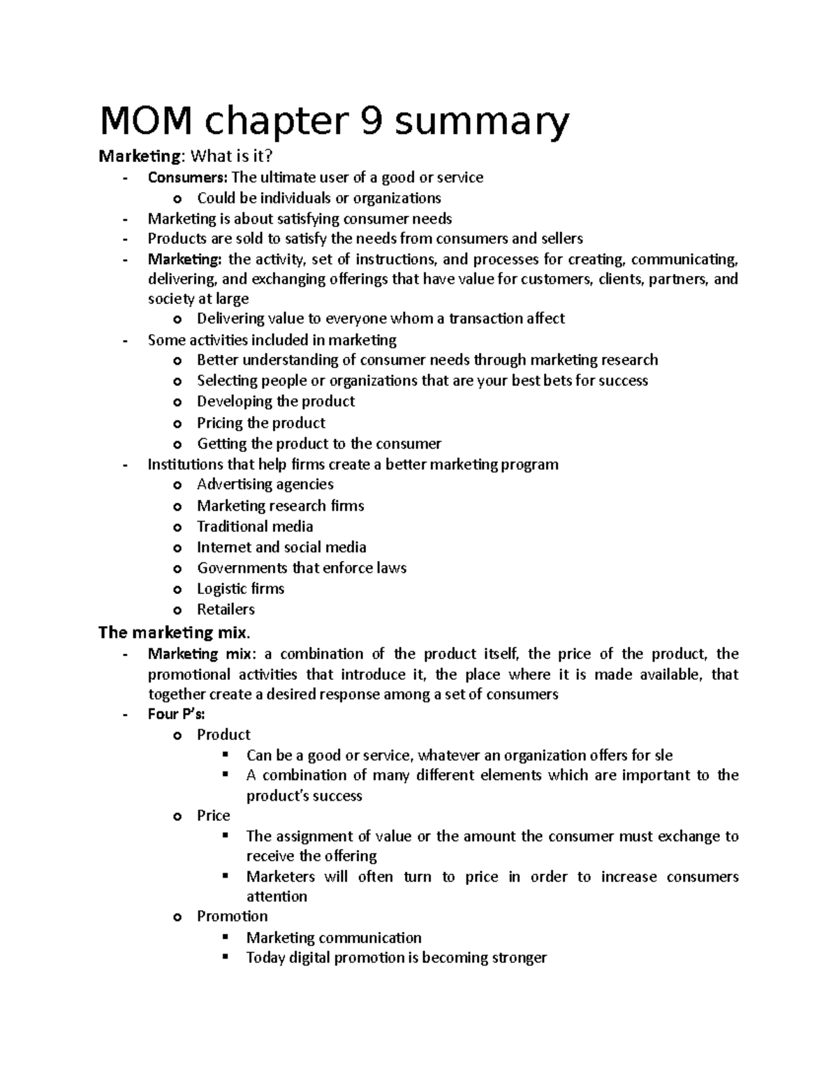 MOM chapter 9 summary - MOM chapter 9 summary Marketing: What is it ...