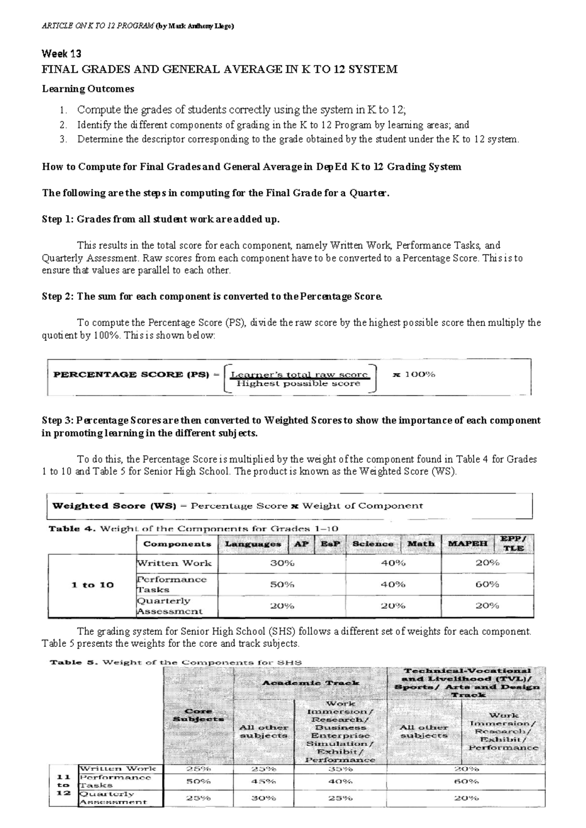 FINAL GRADES AND GENERAL AVERAGE IN K TO 12 SYSTEM - ARTICLE ON K TO 12 ...
