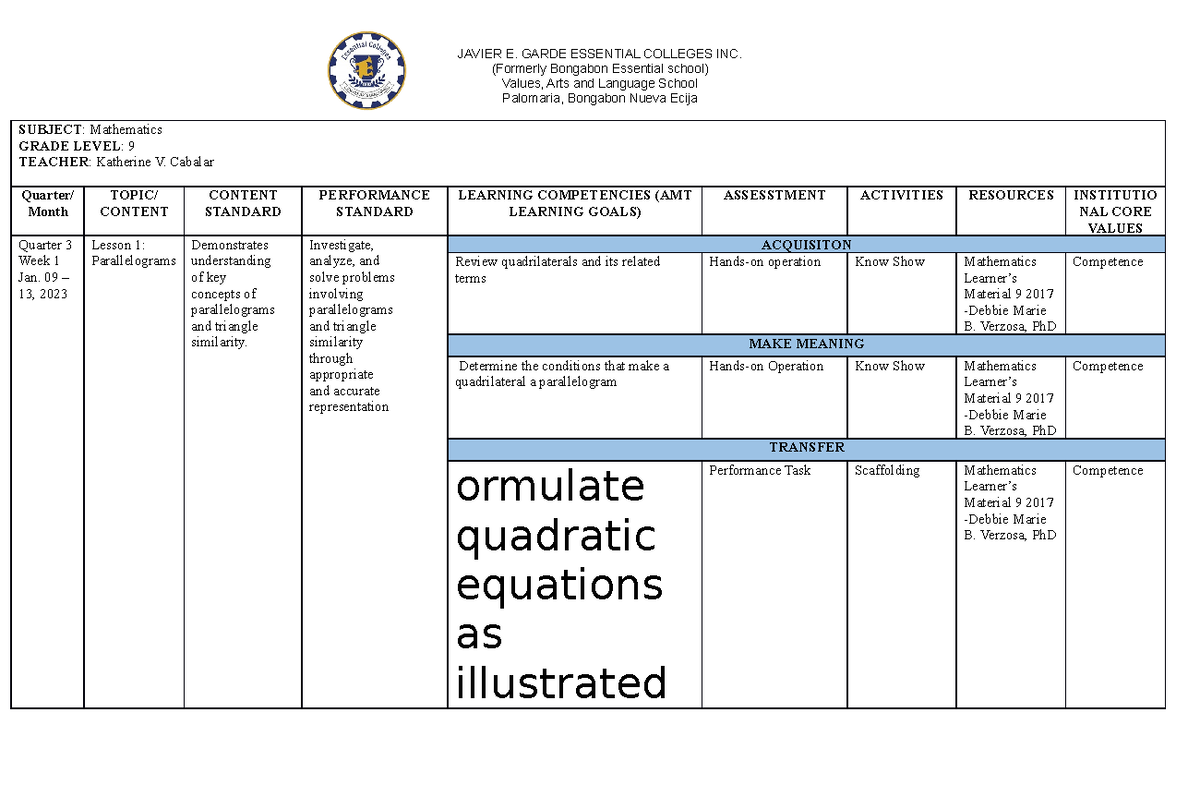 Q3 Curriculum Map Grade 9 week 1 - JAVIER E. GARDE ESSENTIAL COLLEGES ...