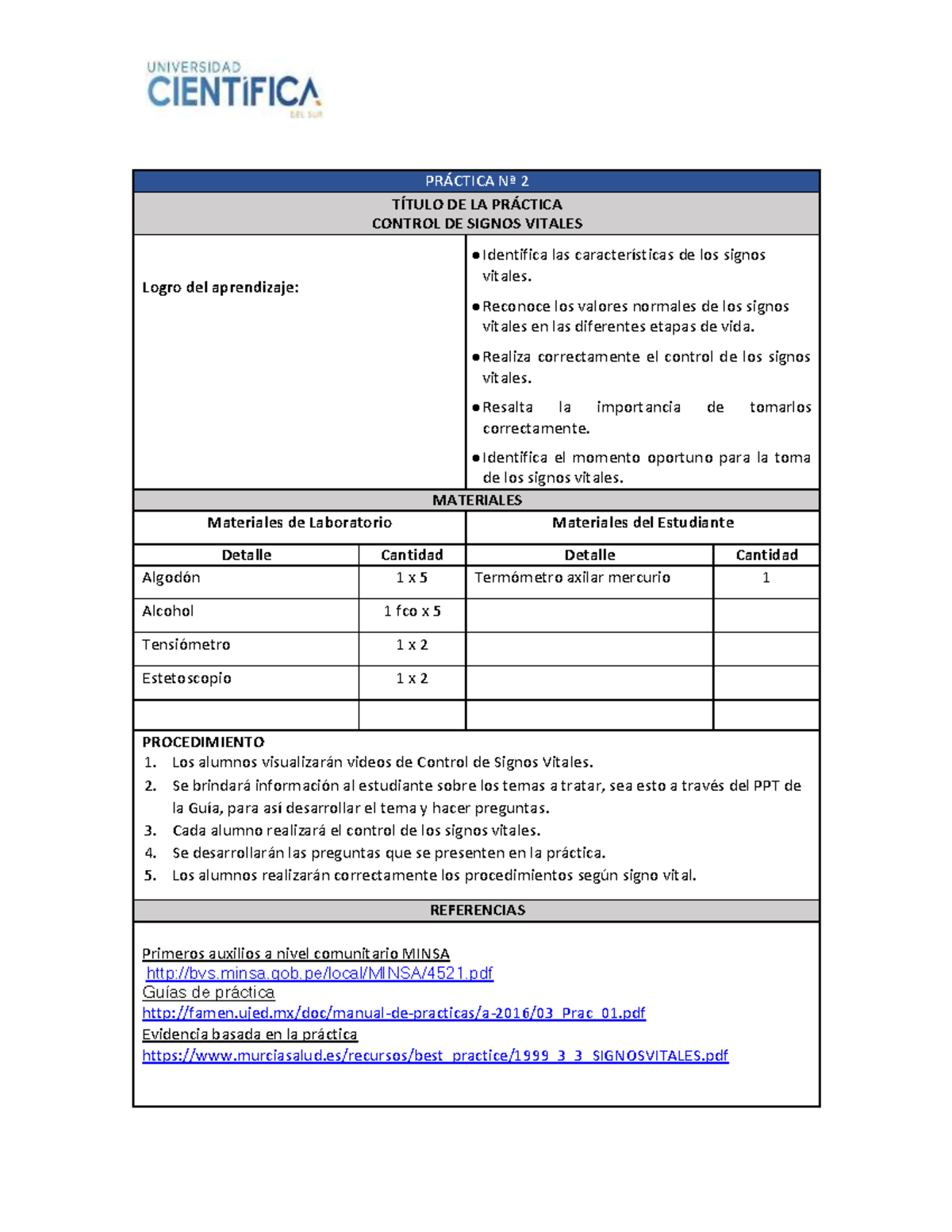 GUÍA Nº 2 Control DE Signos Vitales 2023 - PR¡CTICA N™ 2 TÕTULO DE LA PR¡CTICA CONTROL DE SIGNOS ...