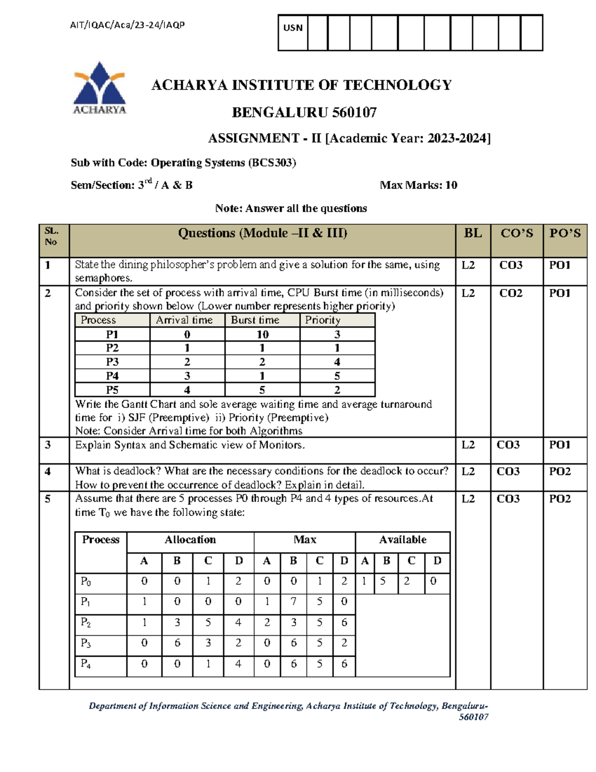 Assignment-2 BCS303 OS - Department of Information Science and Engineering, Acharya Institute of ...